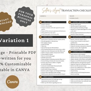 Seller Agent Transaction Checklist, Real Estate Transaction Checklist ...