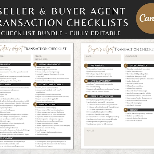 Seller & Buyer Agent Transaction Checklists Real Estate - Etsy