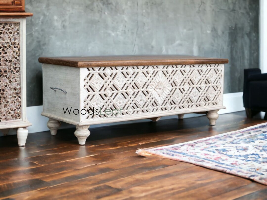 Hand Carved Storage Trunk Chest Box Indian Handmade Wooden Table Storage Vintage Indian ...