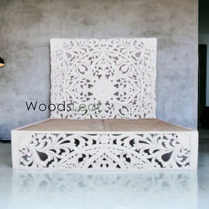 Indian Carving Wooden Platform Bed Frame Furniture White Washed Rustic ...