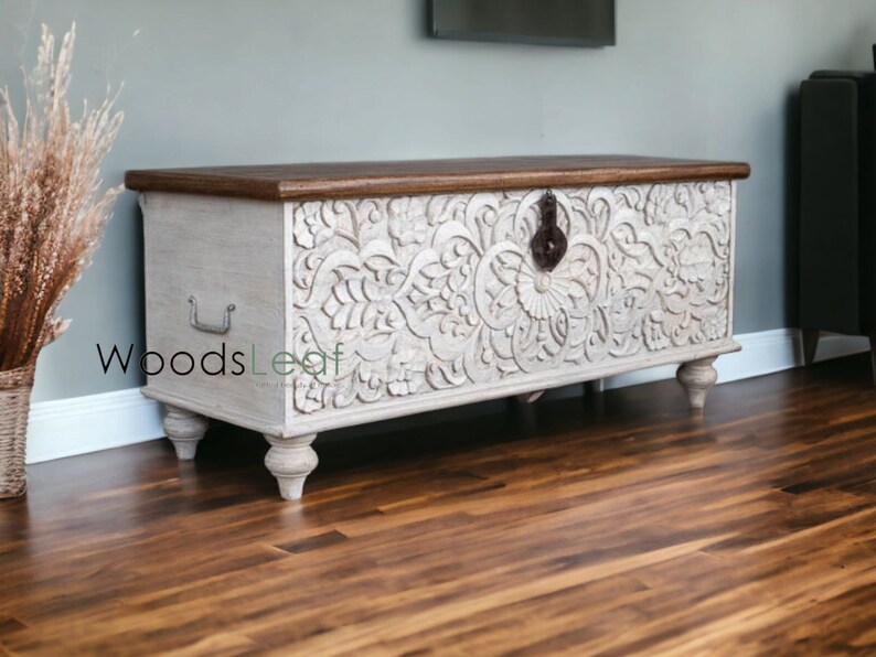 Hand Carved Storage Trunk Chest Box Indian Handmade Wooden Table Storage Vintage Indian ...