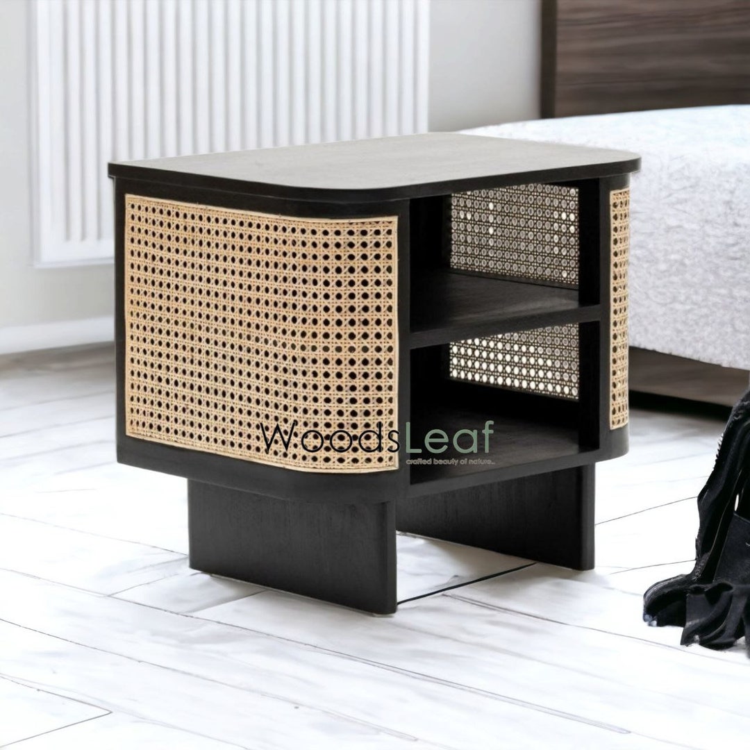 Handmade Natural Cane Nightstand / Bedside Table/ Wooden Drawer Home ...