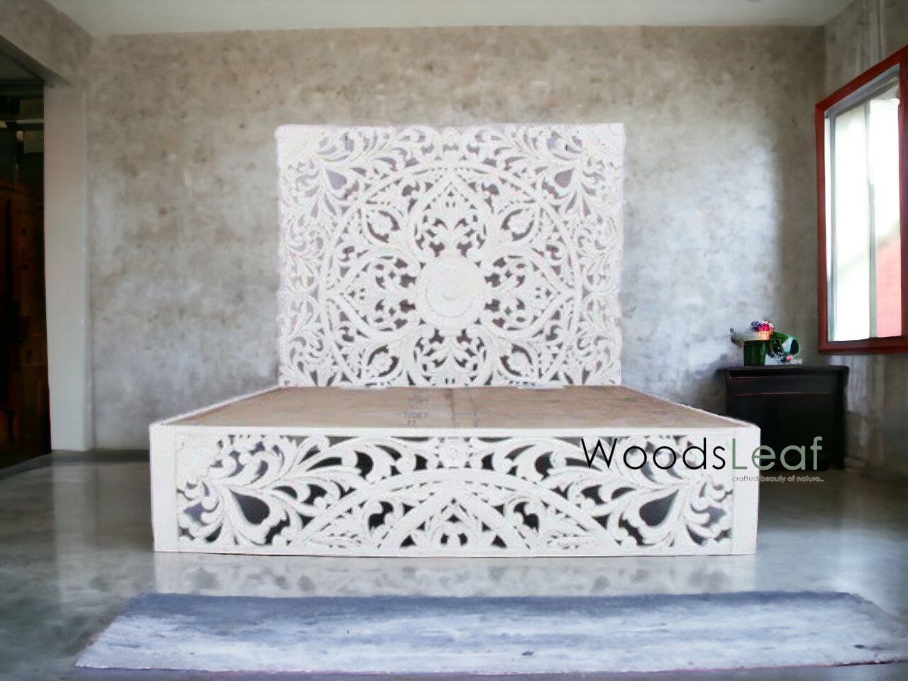 Indian Carving Wooden Platform Bed Frame Furniture White Washed Rustic ...