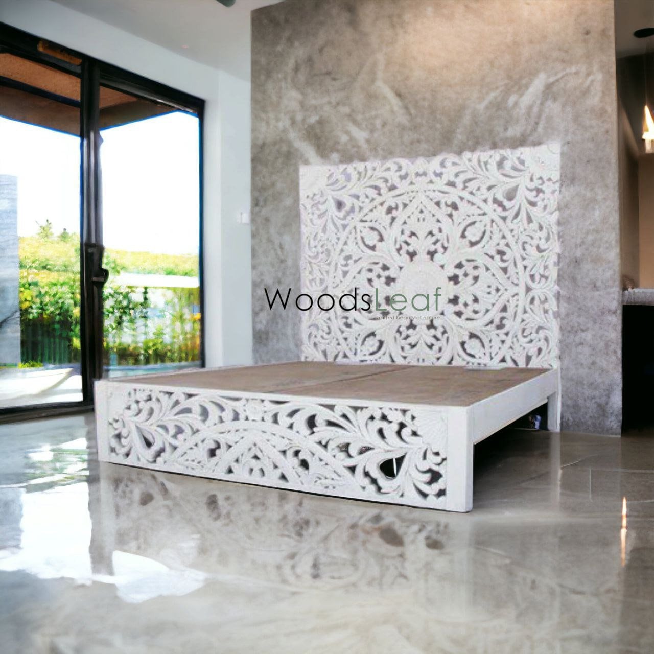 Indian Carving Wooden Platform Bed Frame Furniture White Washed Rustic ...