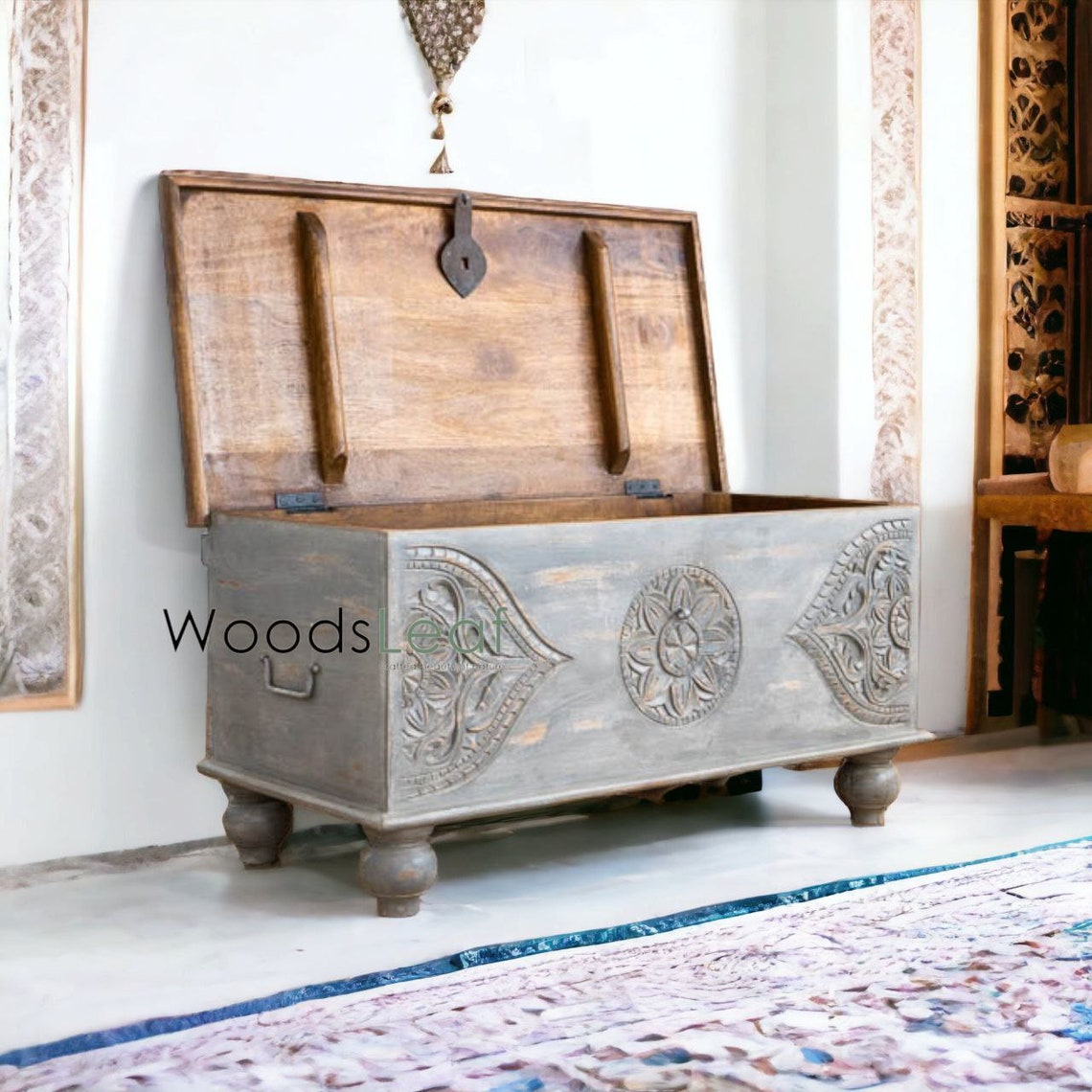 Hand Carved Storage Trunk Chest Box Indian Handmade Wooden Table ...