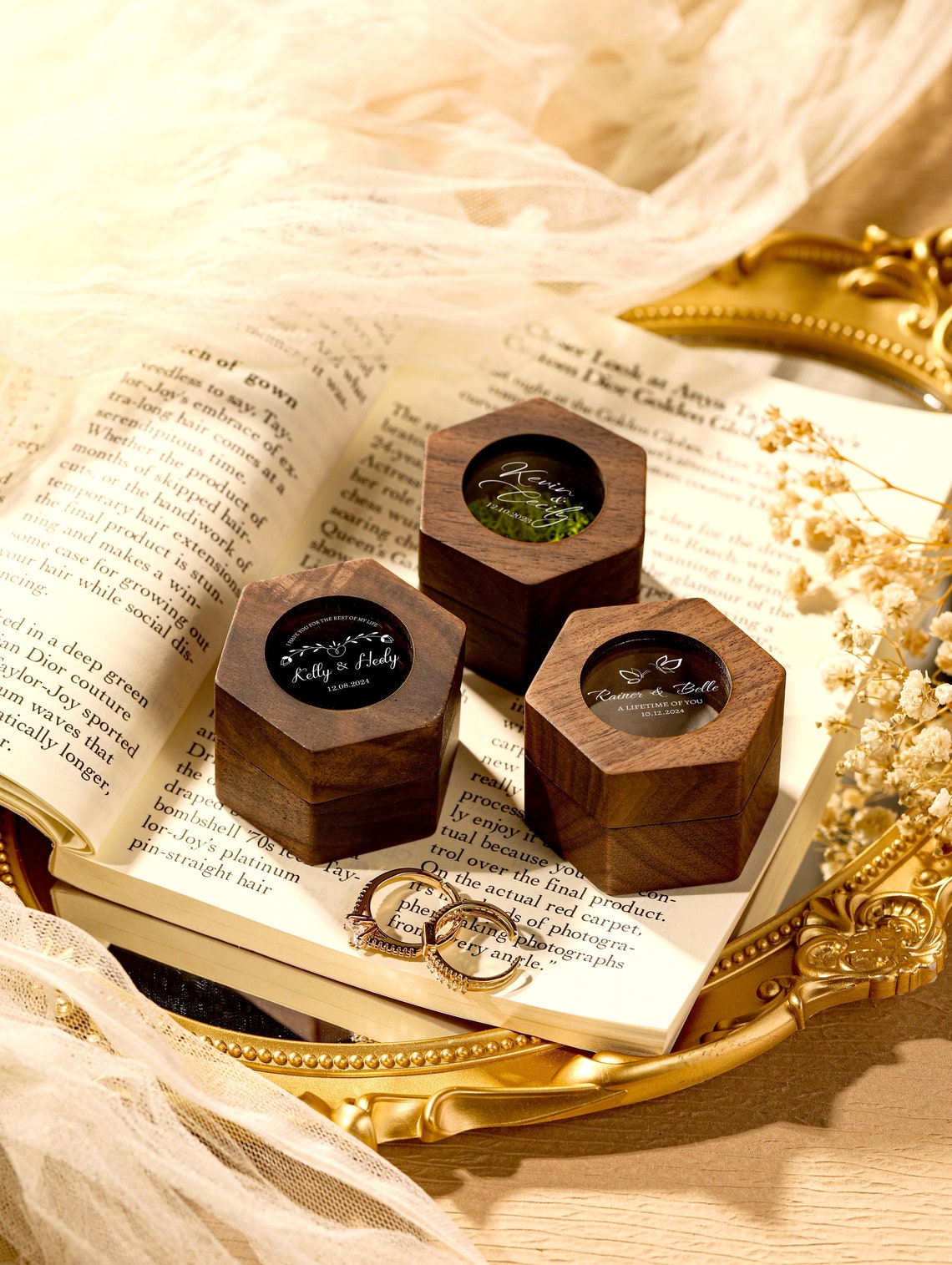 Retro Hexagon Wood Ring Box, Wooden Ring Box With Glass Lid, Ring Box ...