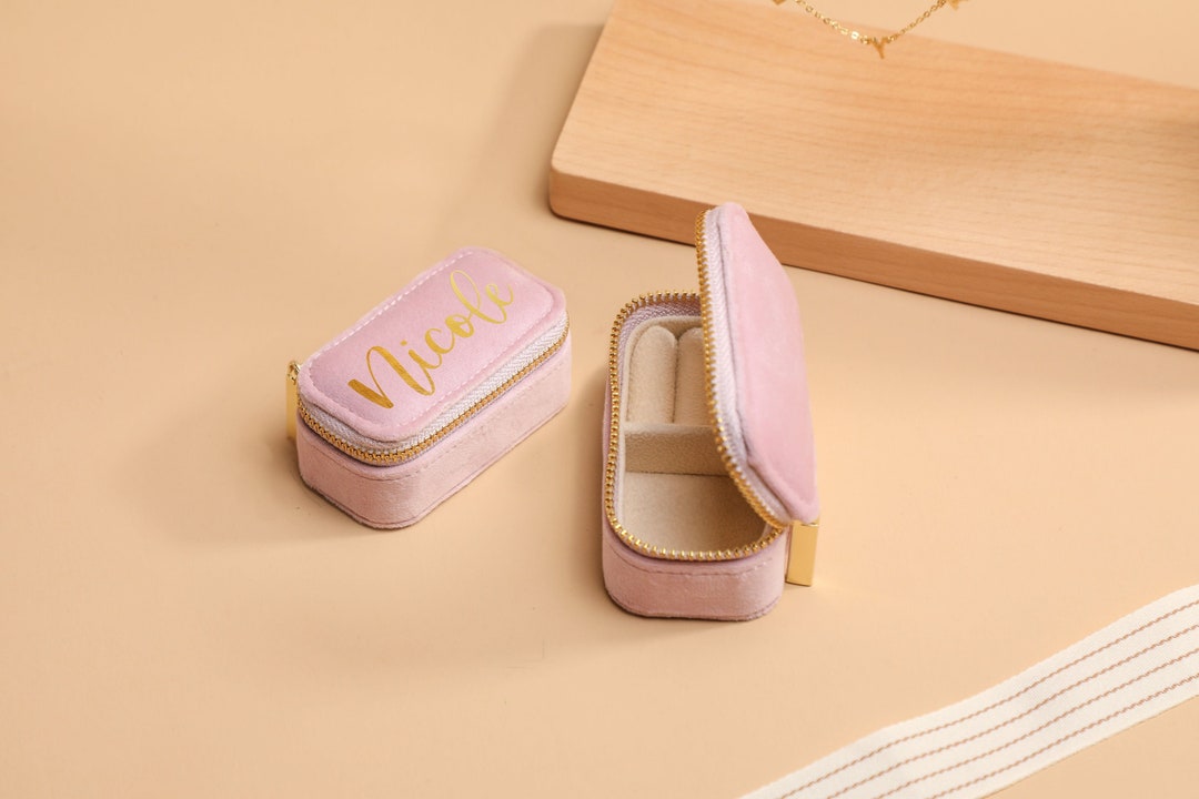 Mini Size, Velvet Travel Jewelry Box, Monogram Round Jewelry Case ...