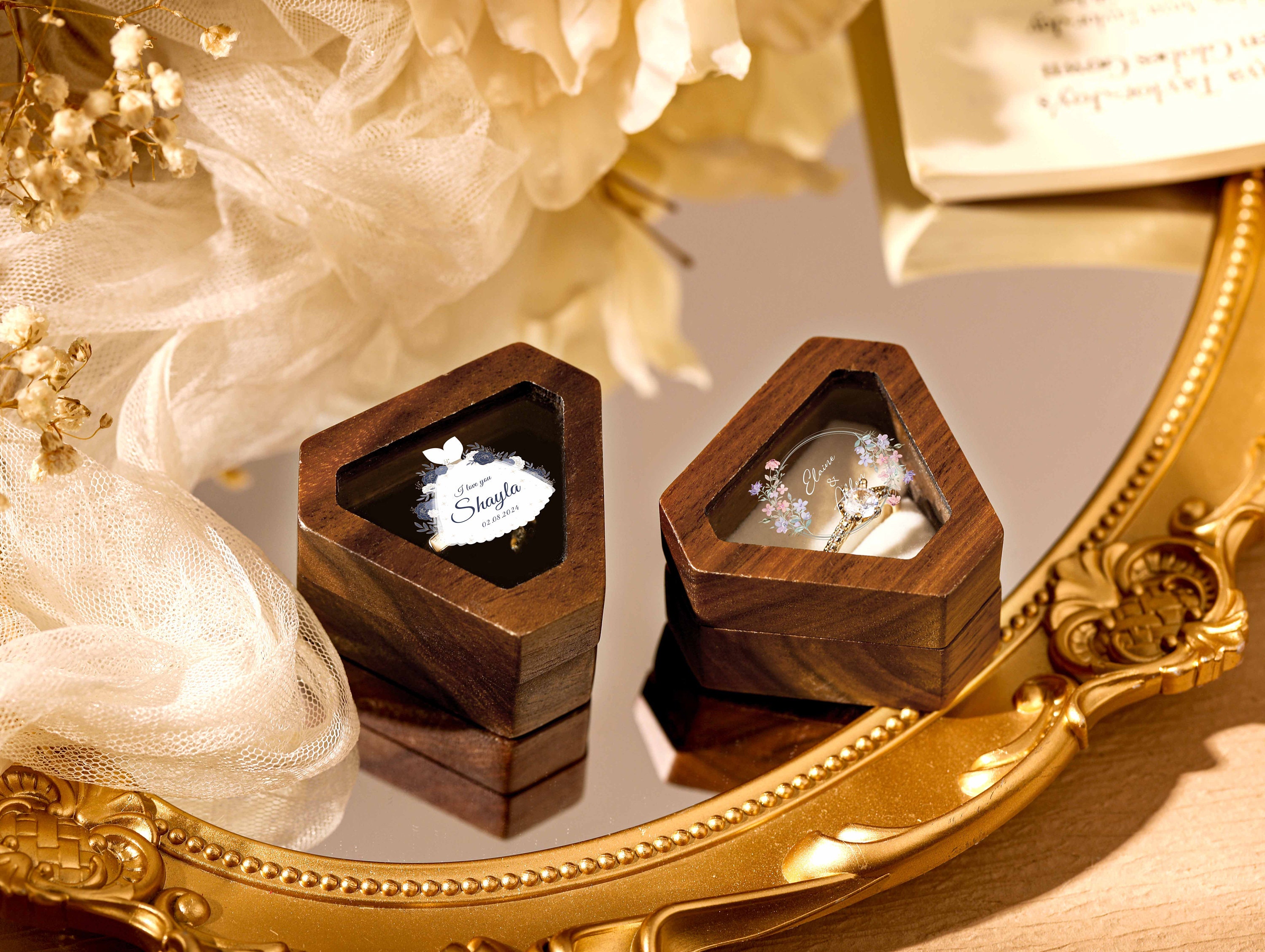 Personalized Wood Ring Box, Triangles Wooden Ring Box With Glass Lid ...