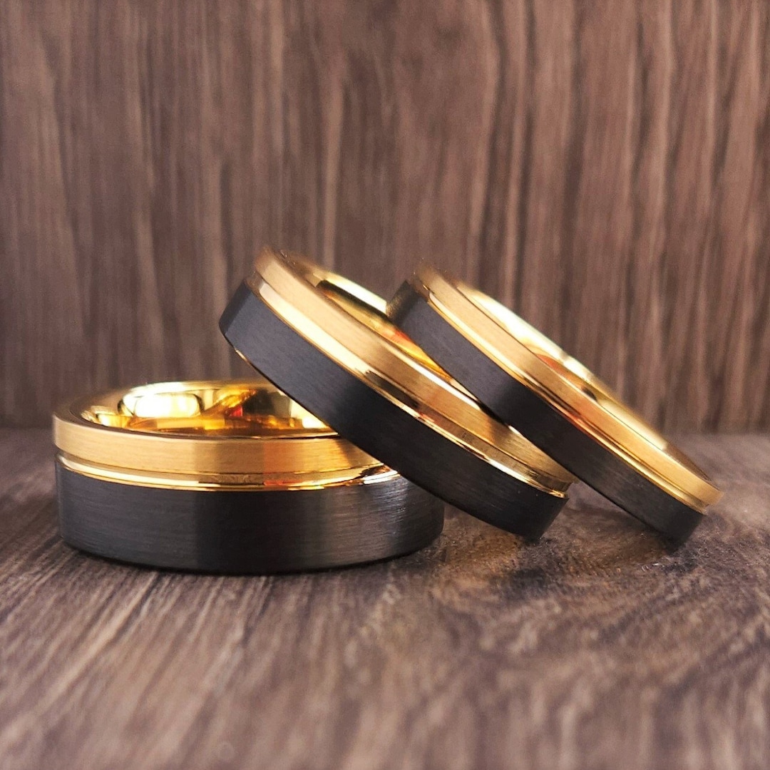 Black and Gold Tungsten Wedding Band Ring for Men Women, Gold Wedding ...