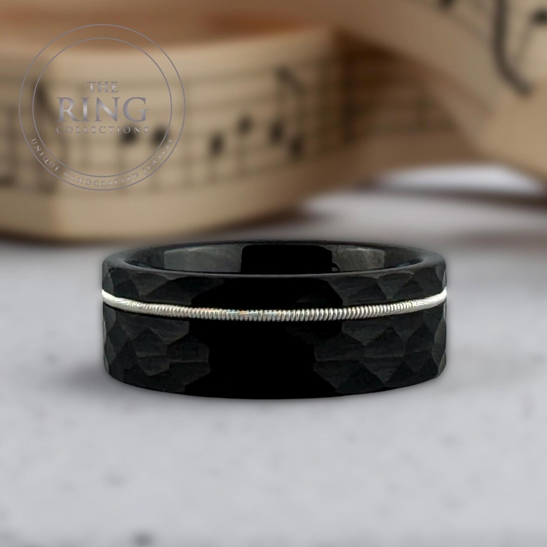 Black Hammered Tungsten Ring With Guitar String, Black Hammered Wedding ...