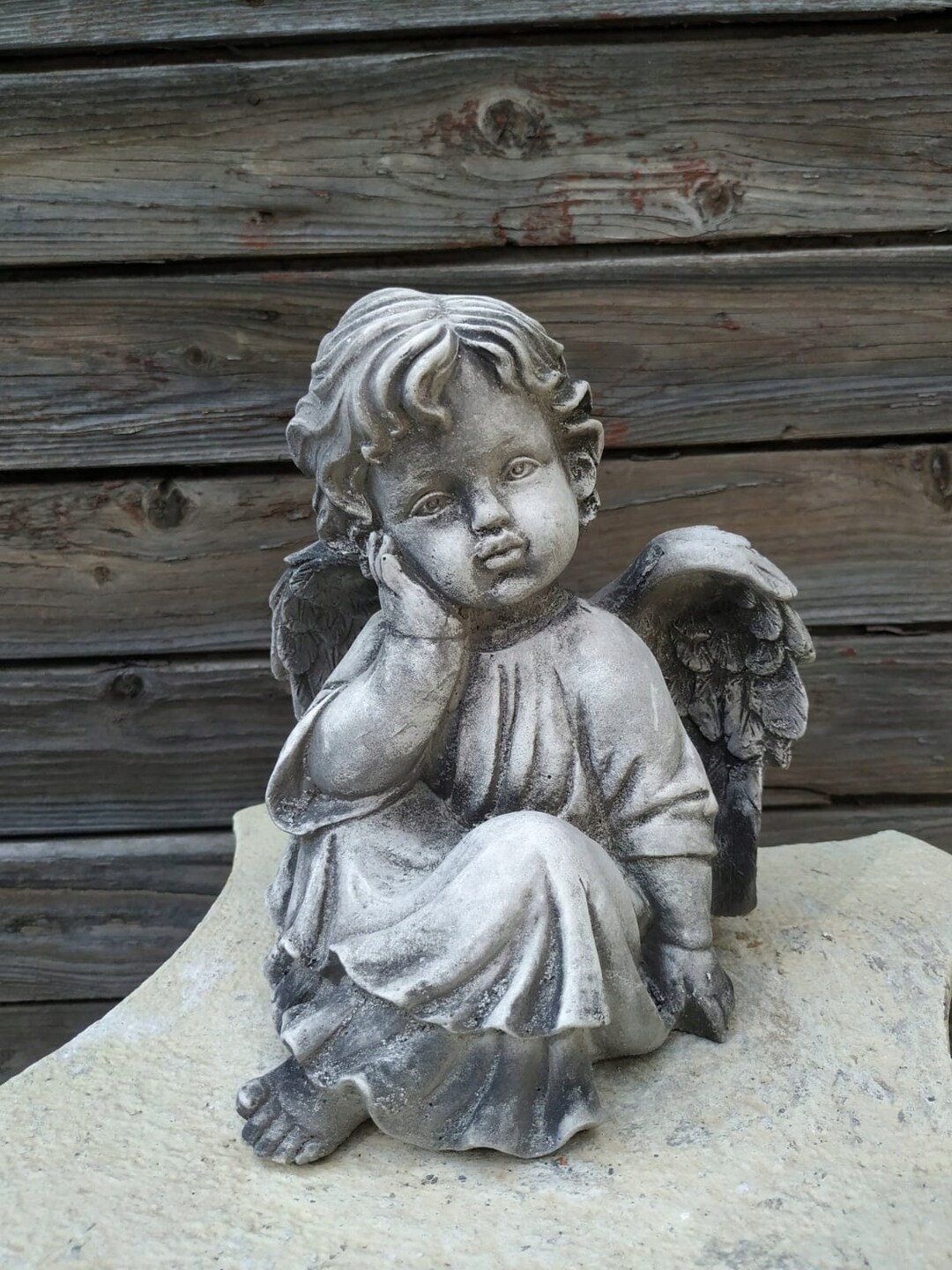 Pensive Baby Angel Statue: White Concrete Cherub, Lawn Ornament - Etsy
