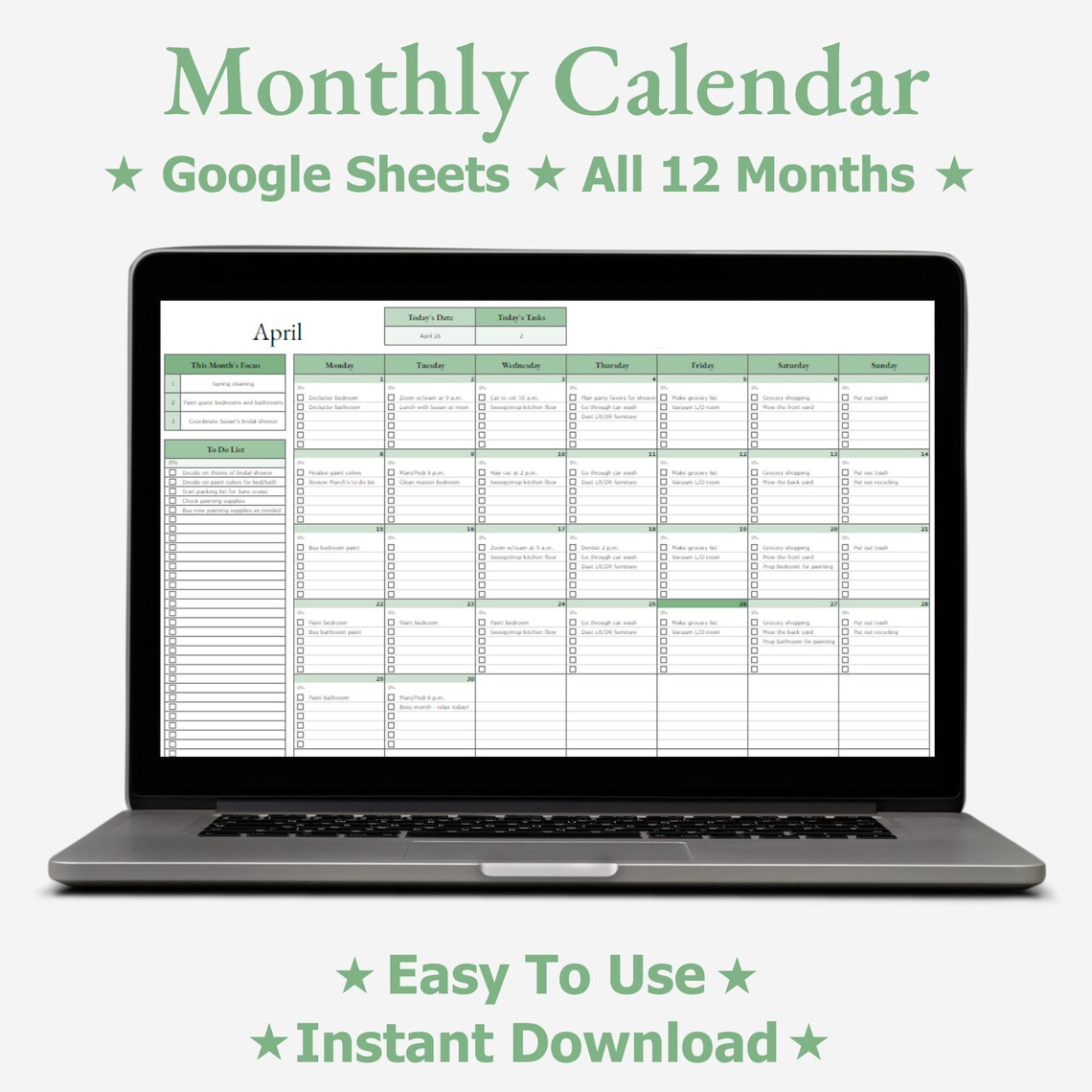 Editable Calendar for Google Sheets, Daily, Weekly, Monthly Task ...