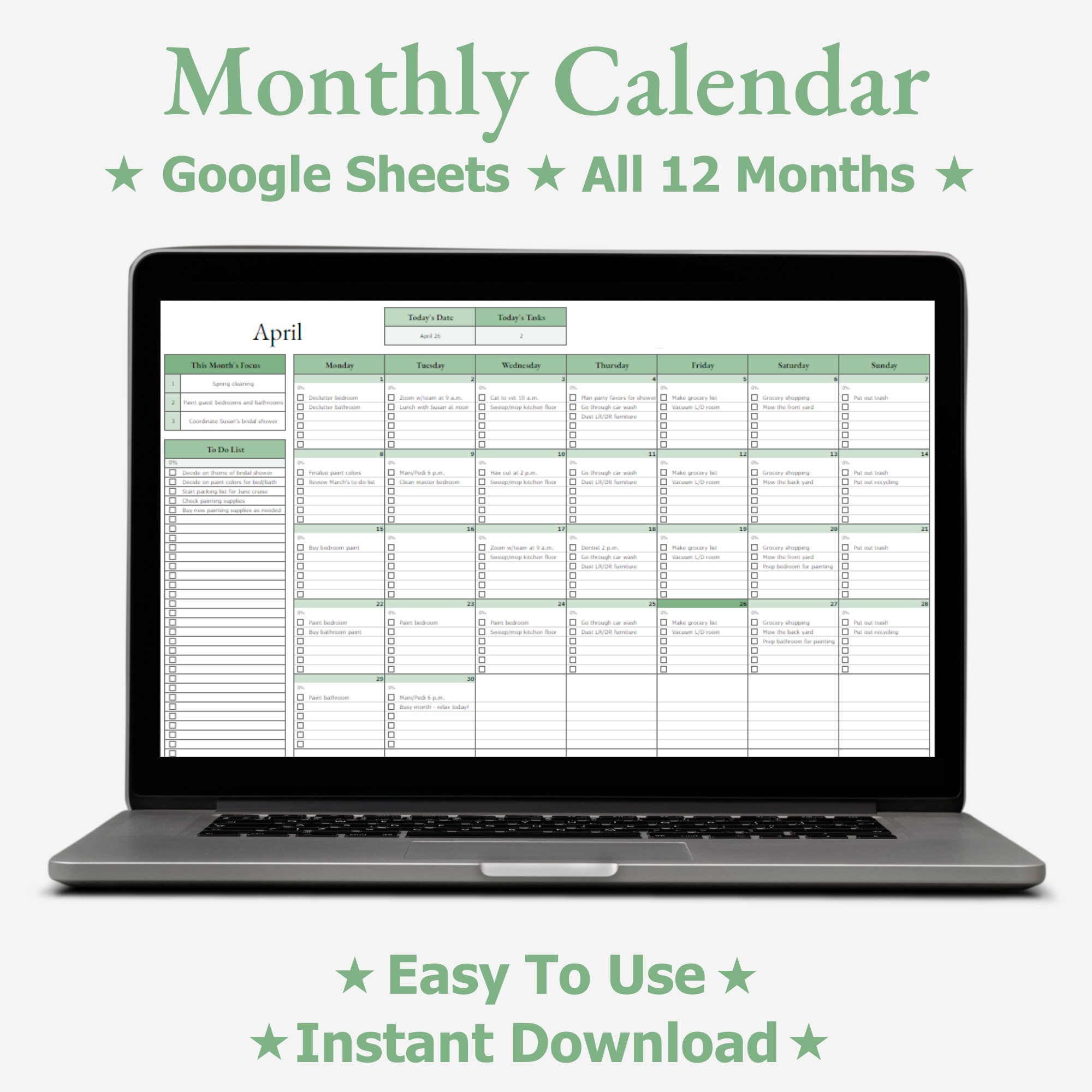 Editable Calendar for Google Sheets, Daily, Weekly, Monthly Task ...