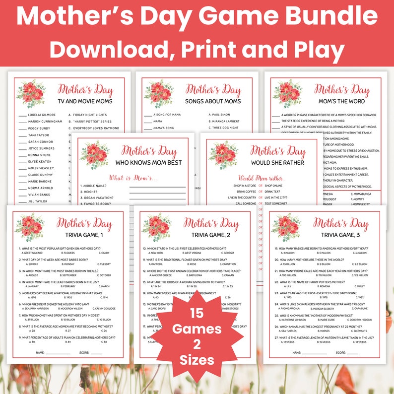Fun Mothers Day Games, Printable Party Games, Mothers Day Activity ...