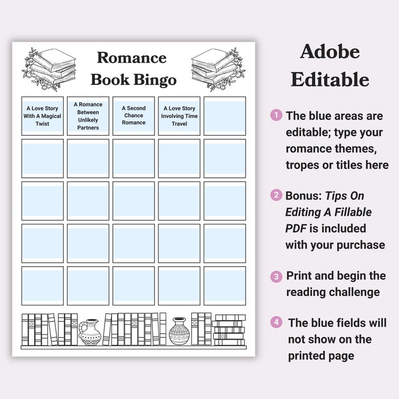 Romance Book Bingo for Adults, Printable Romantasy Book Prompts ...
