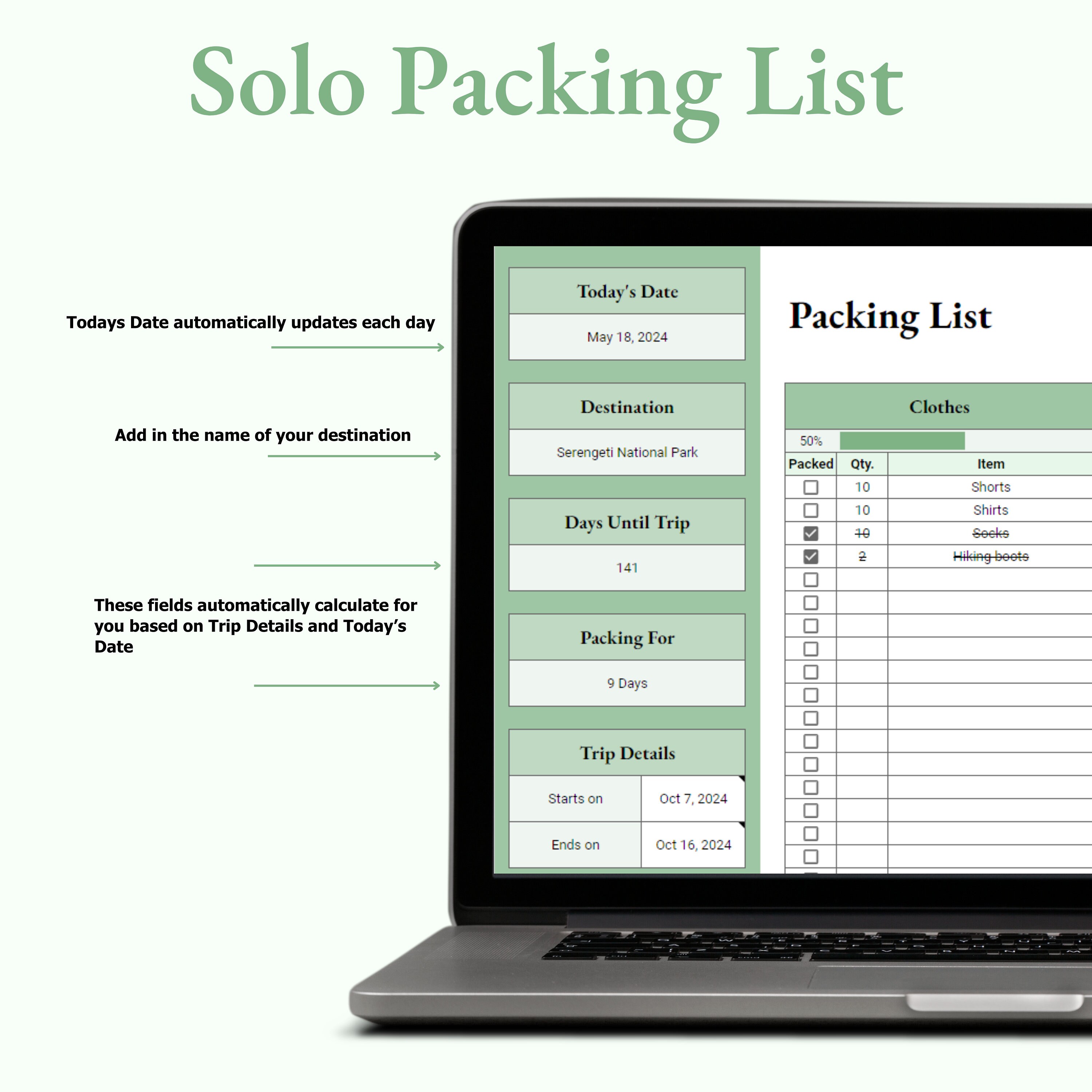 Travel Packing List, Google Sheets Spreadsheet, Digital Travel ...