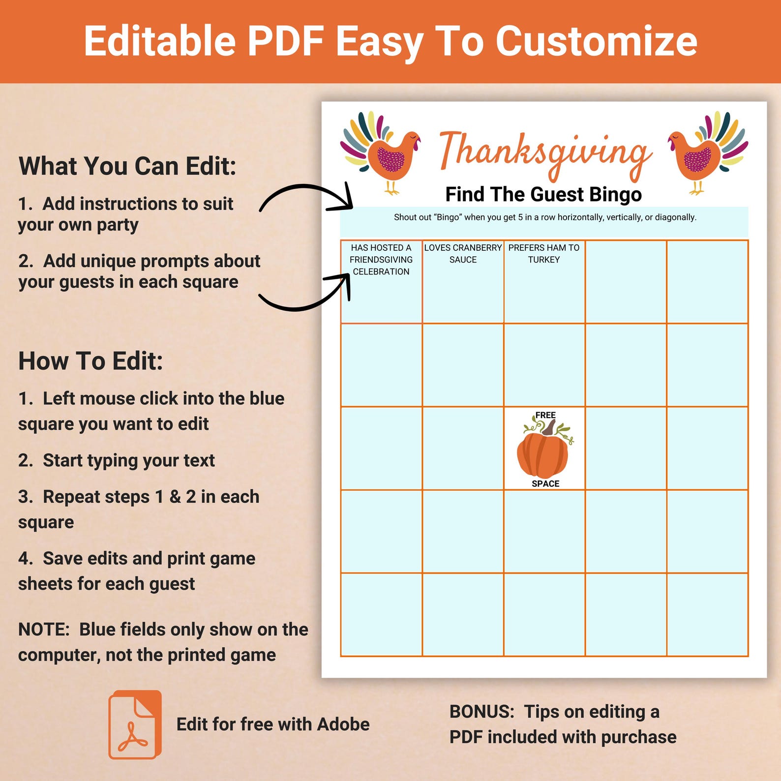 Find the Guest Bingo Game, Editable Mix and Mingle Bingo, Thanksgiving ...