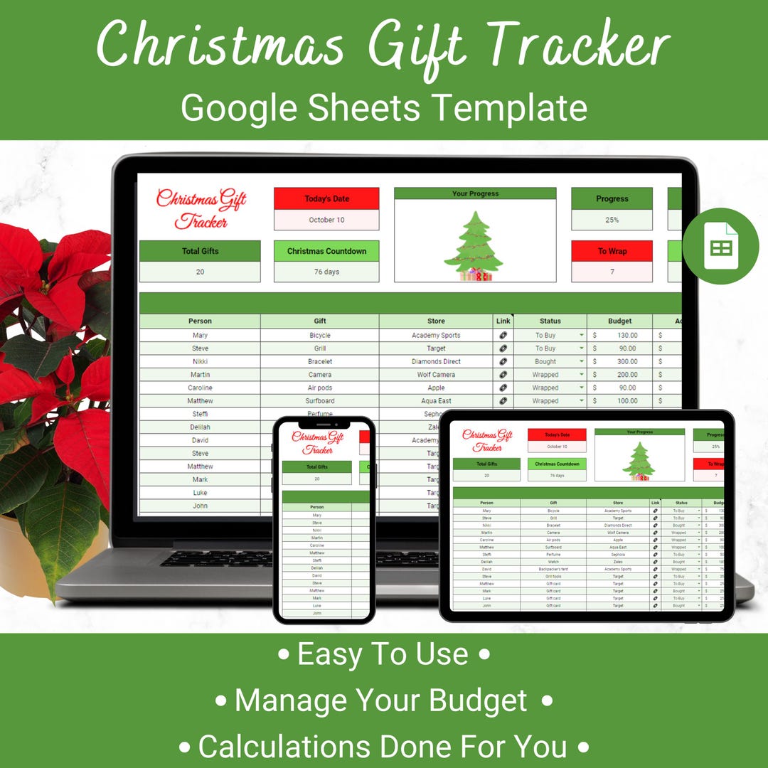 Christmas Gift List Planner, Google Sheets Editable Spreadsheet ...