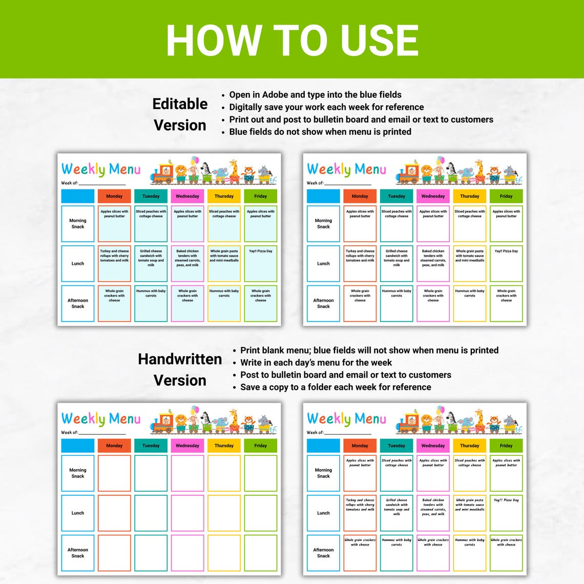 Editable Daycare Weekly Menu, Printable Childcare Menu Plan, Home ...