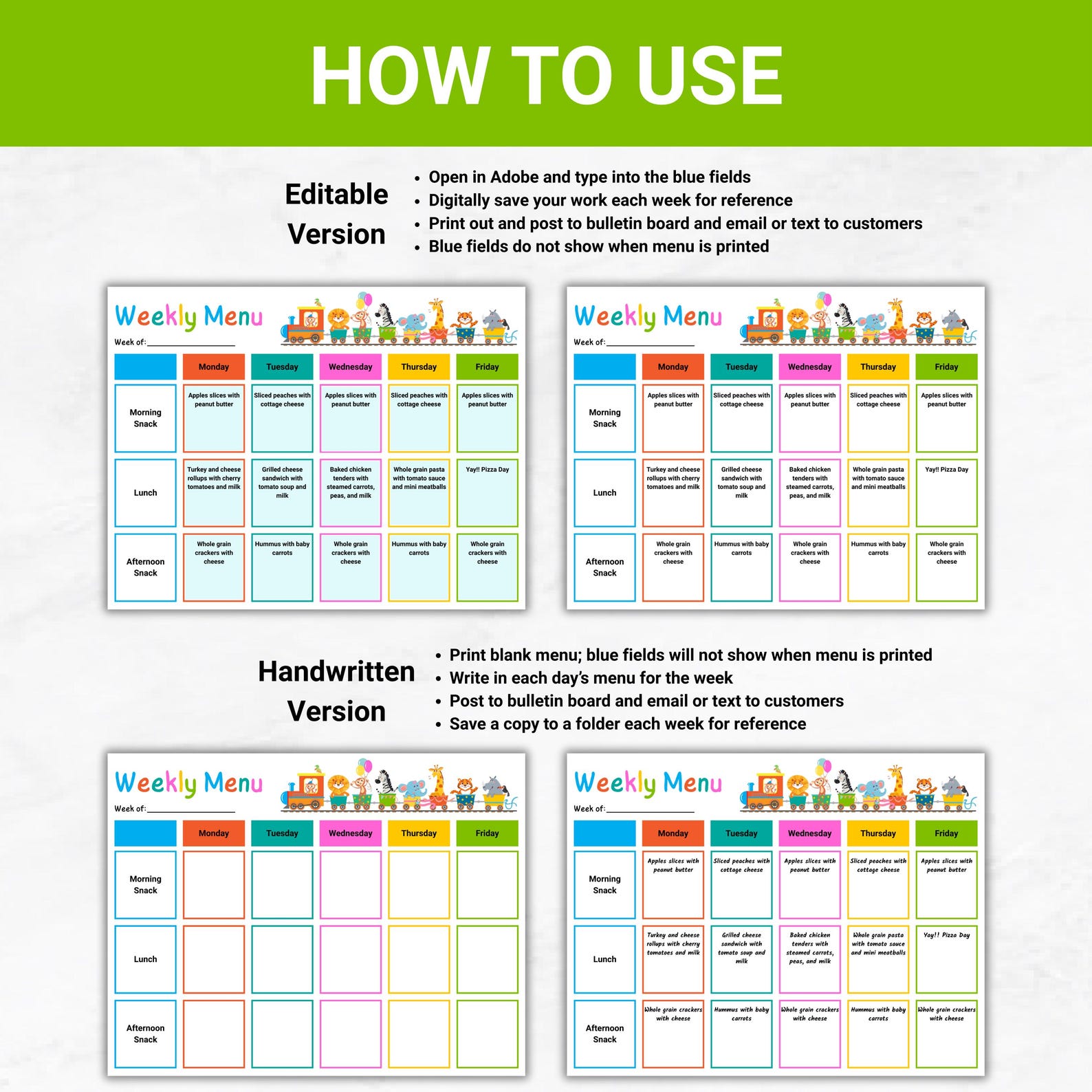 Editable Daycare Weekly Menu, Printable Childcare Menu Plan, Home ...