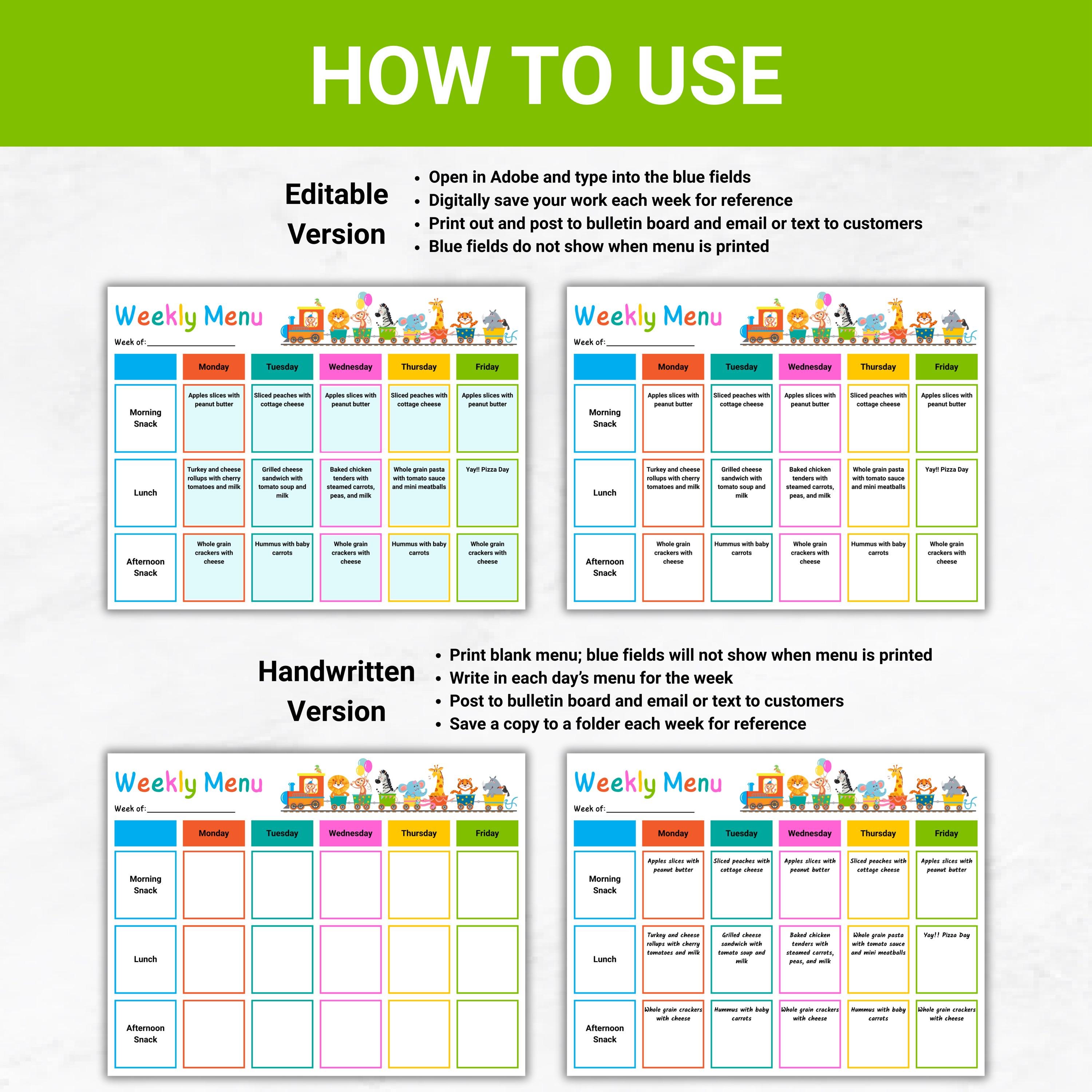 Editable Daycare Weekly Menu, Printable Childcare Menu Plan, Home ...