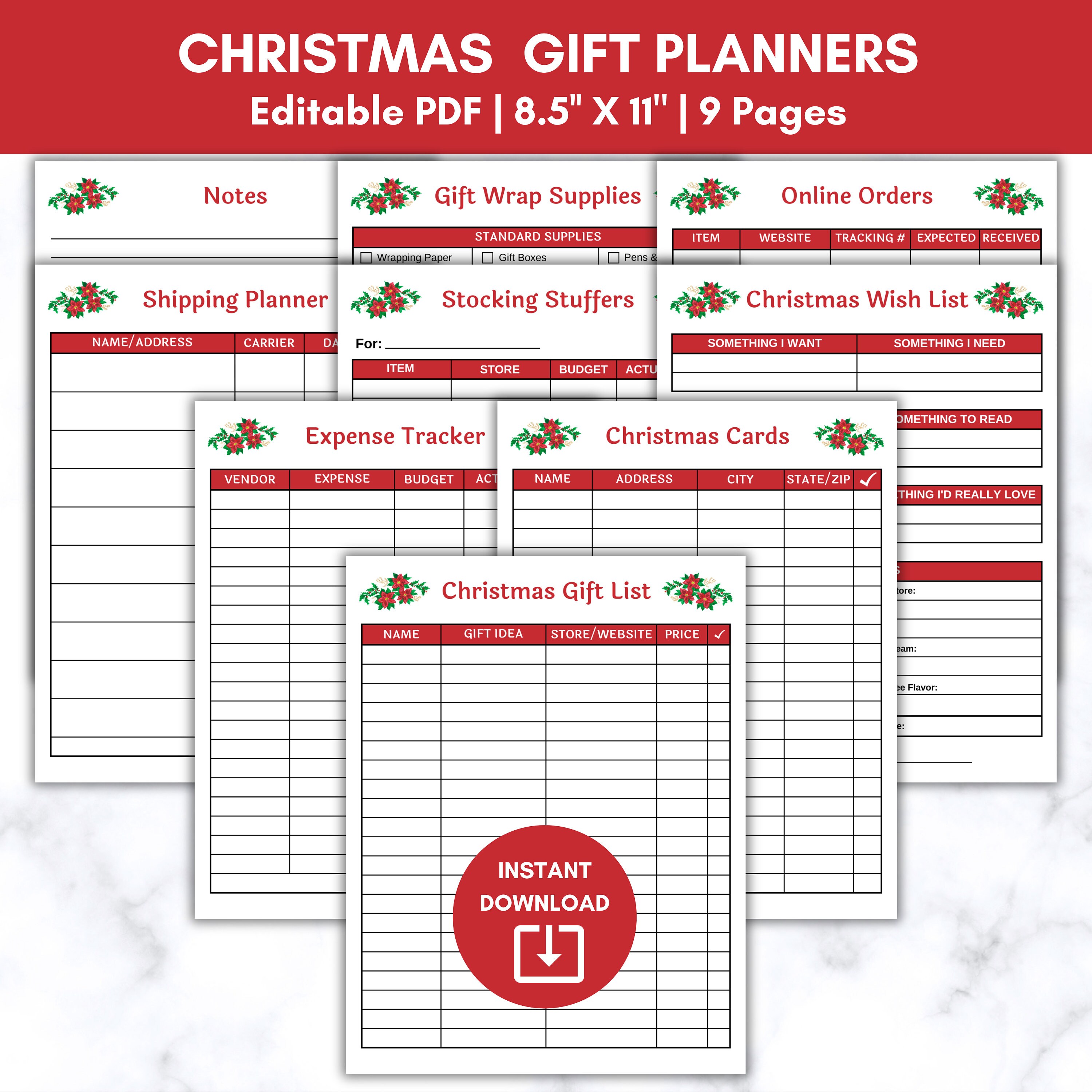 Editable Christmas Gift List, Printable Holiday Shopping List Planner ...