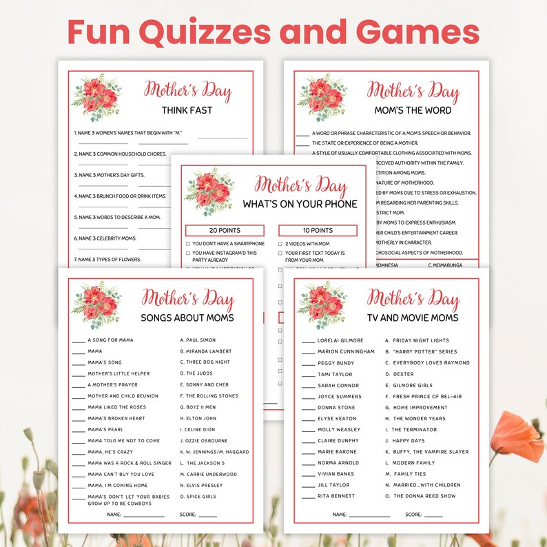 Fun Mothers Day Games, Printable Party Games, Mothers Day Activity ...