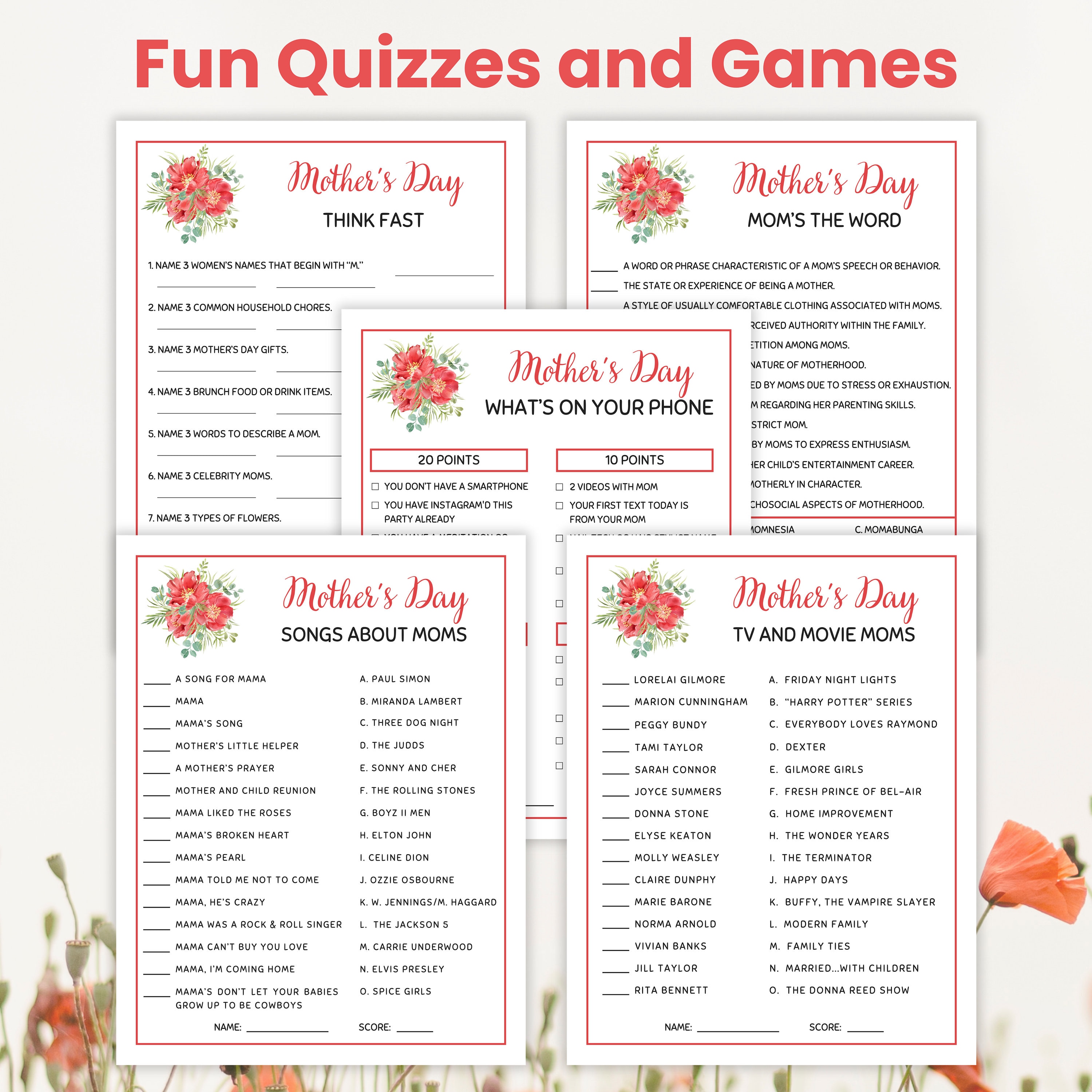 Fun Mothers Day Games, Printable Party Games, Mothers Day Activity ...