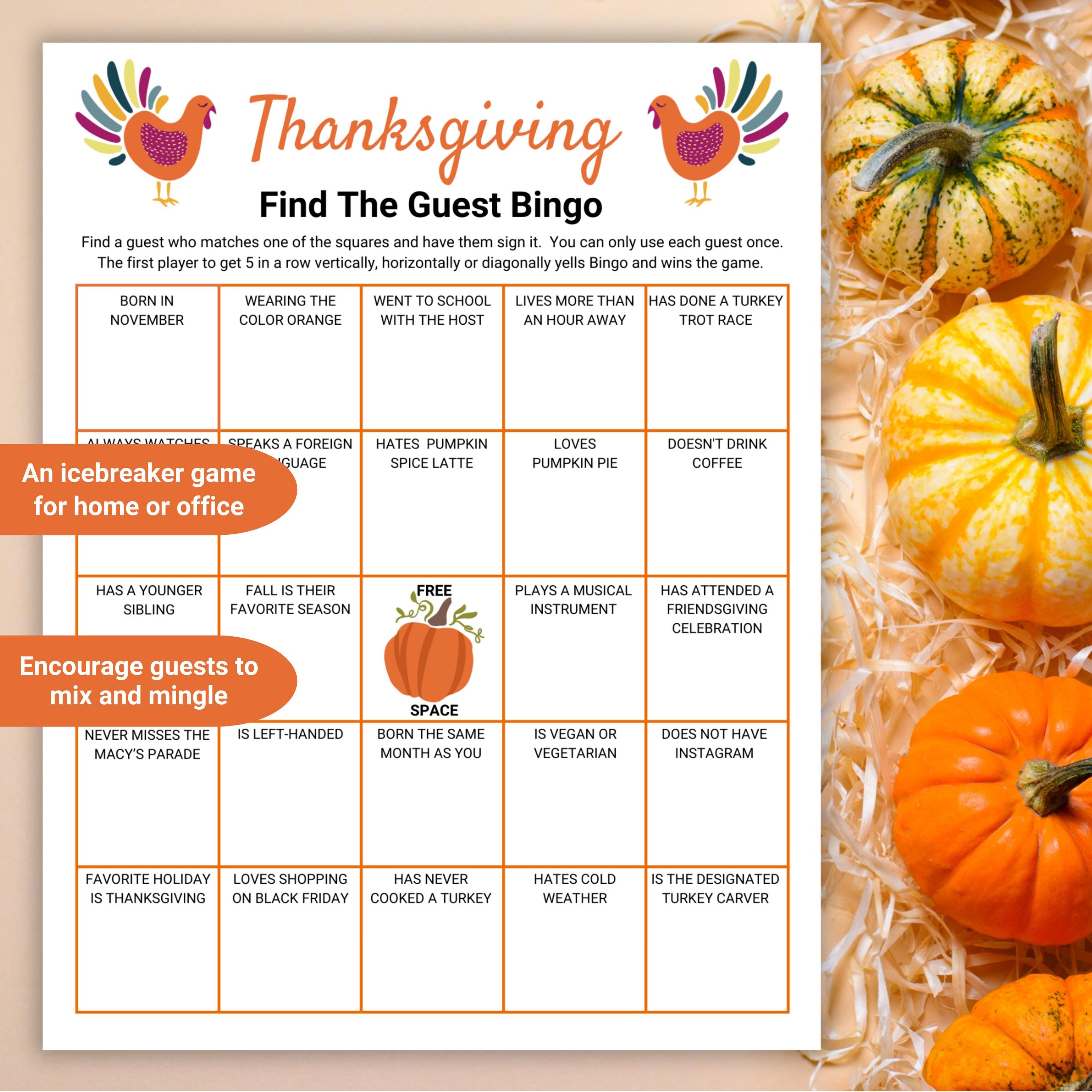 Find the Guest Bingo Game, Editable Mix and Mingle Bingo, Thanksgiving ...