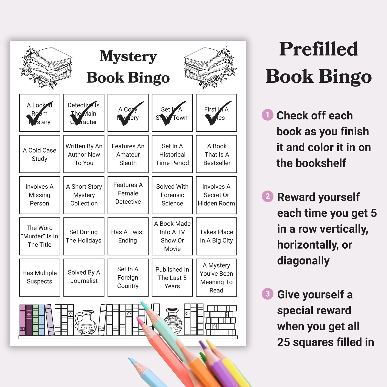 Mystery Book Challenge, Book Bingo Prompts for Adults, Reading ...