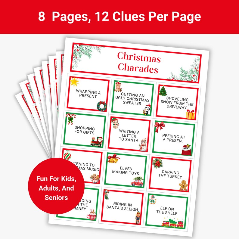 Christmas Charades Party Game, Printable Charades Cards, Games for Kids ...