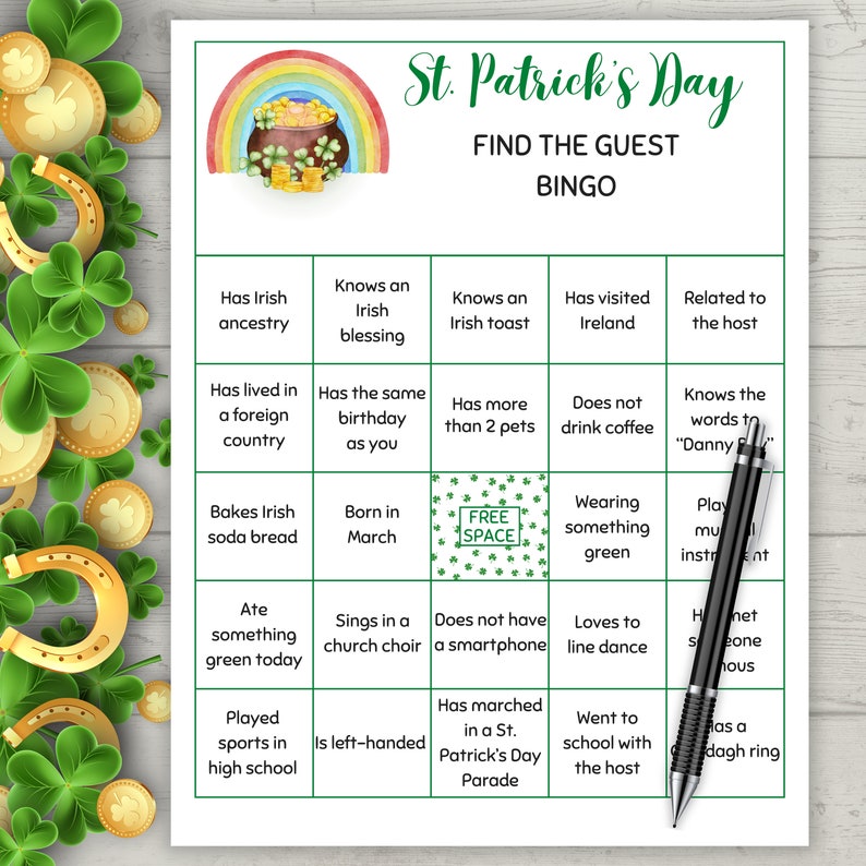 St. Patrick’s Day Printable Find the Guest Bingo, Icebreaker Game, Team ...