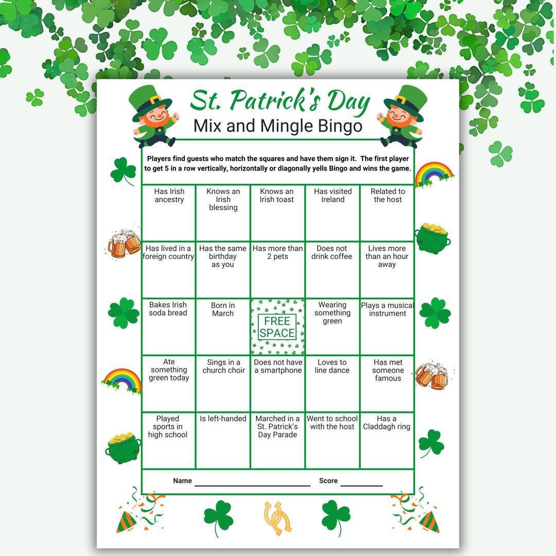 St Patricks Day Mix and Mingle Printable Party Game, Find the Guest ...