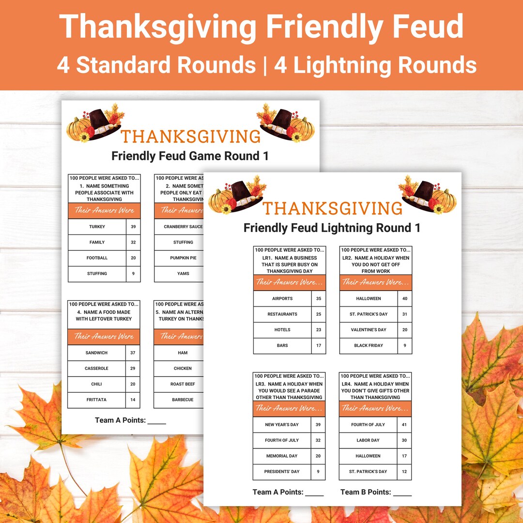 Thanksgiving Friendly Feud, Family Feud Style Printable Game ...