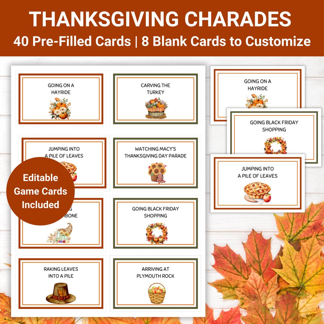 Thanksgiving Charades Party Game, Printable Charades Cards, Games for ...