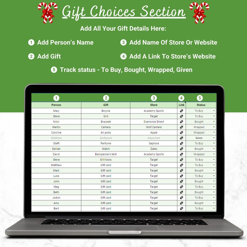 Christmas Gift List Planner, Google Sheets Editable Spreadsheet ...