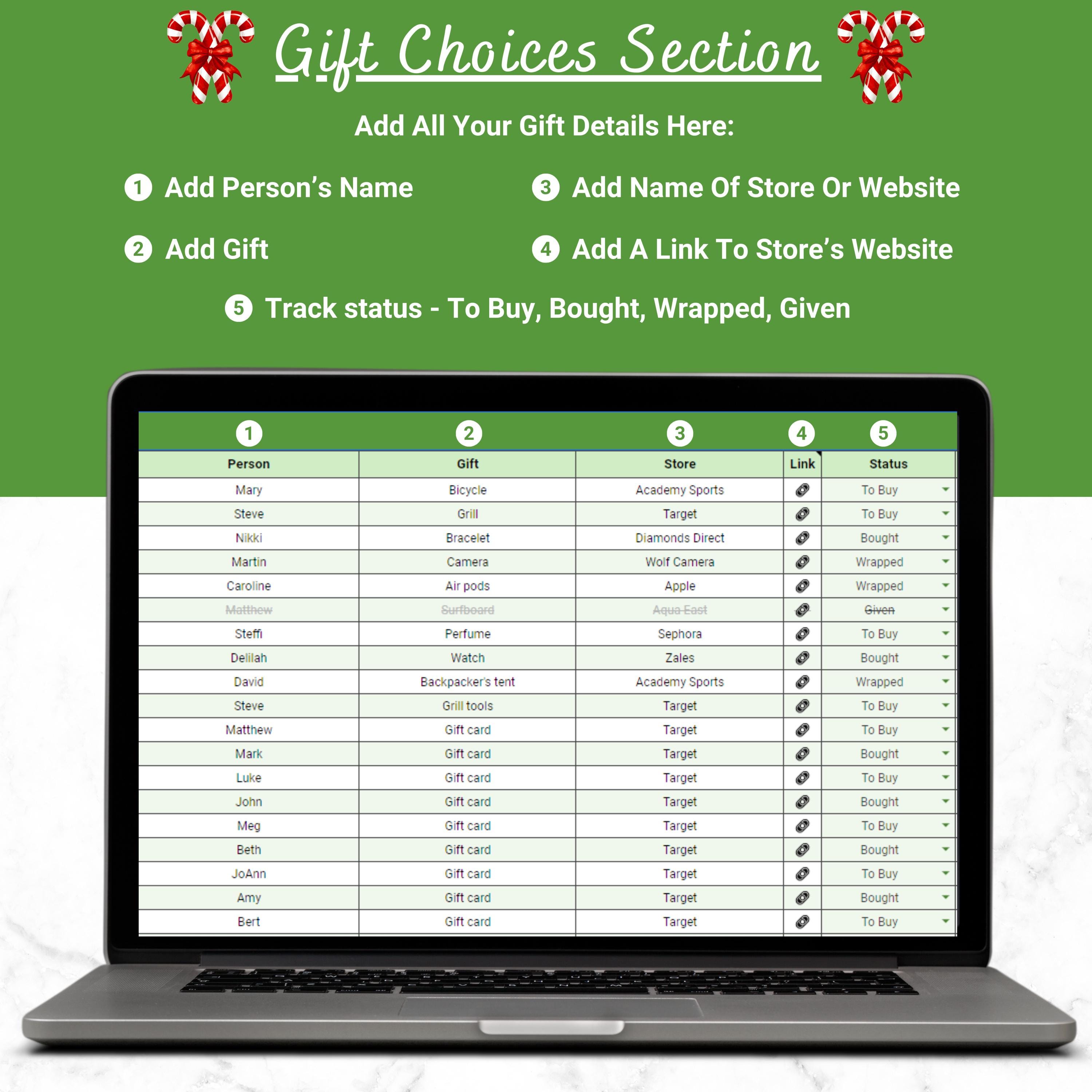 Christmas Gift List Planner, Google Sheets Editable Spreadsheet ...