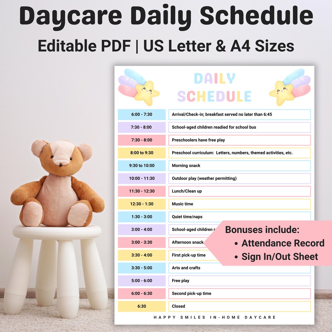 Daycare Daily Schedule, Editable Daycare Schedule Template, Printable ...