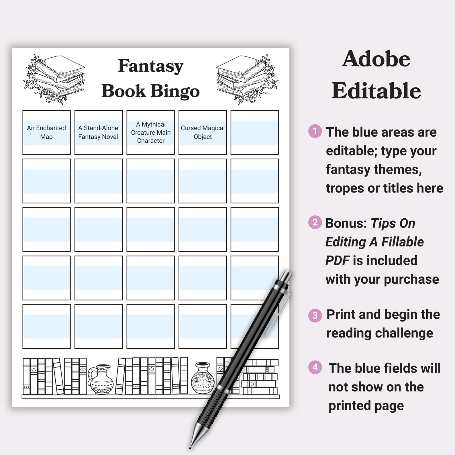 Fantasy Book Bingo Reading Challenge, Printable Book Bingo for Adults ...