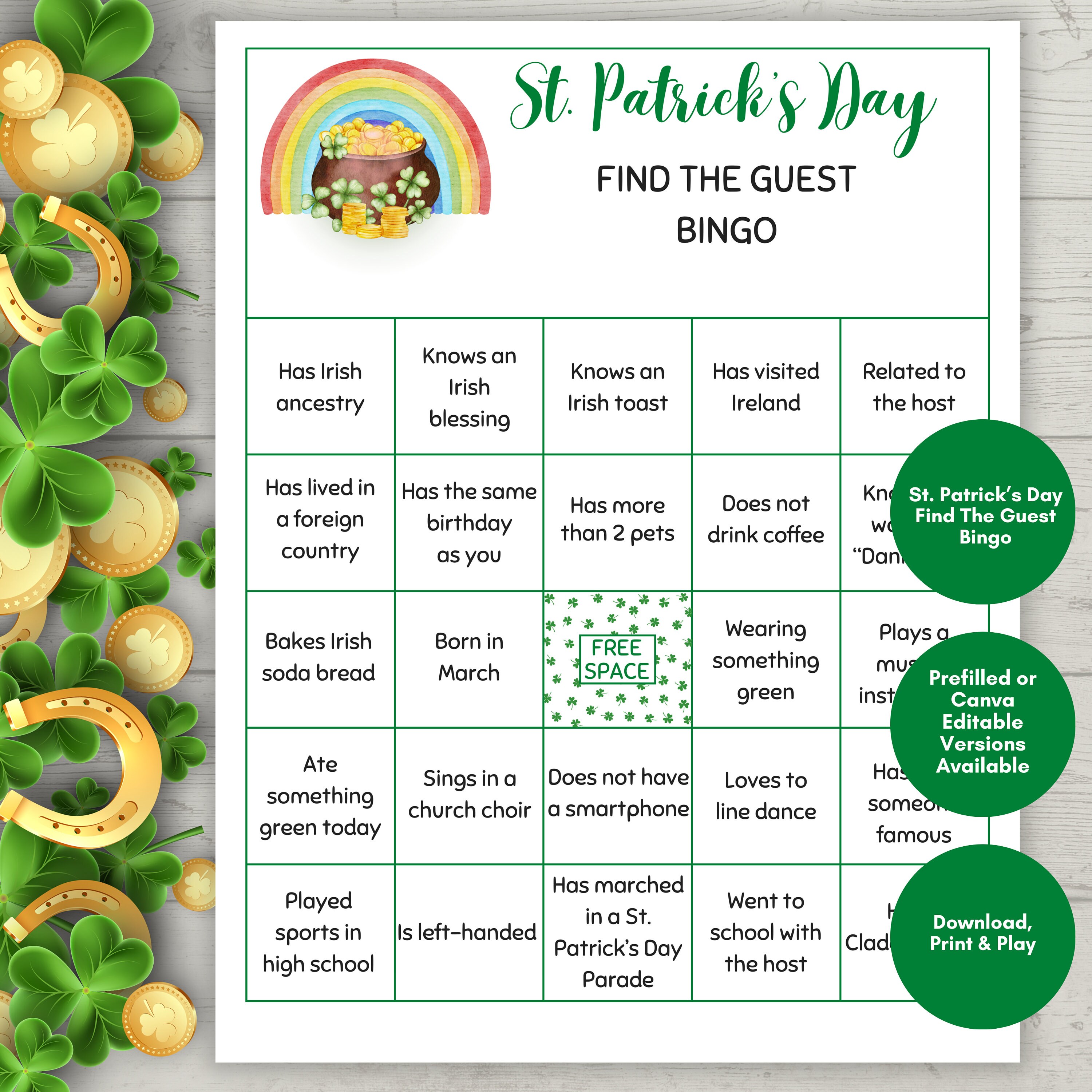 St. Patrick’s Day Printable Find the Guest Bingo, Icebreaker Game, Team ...