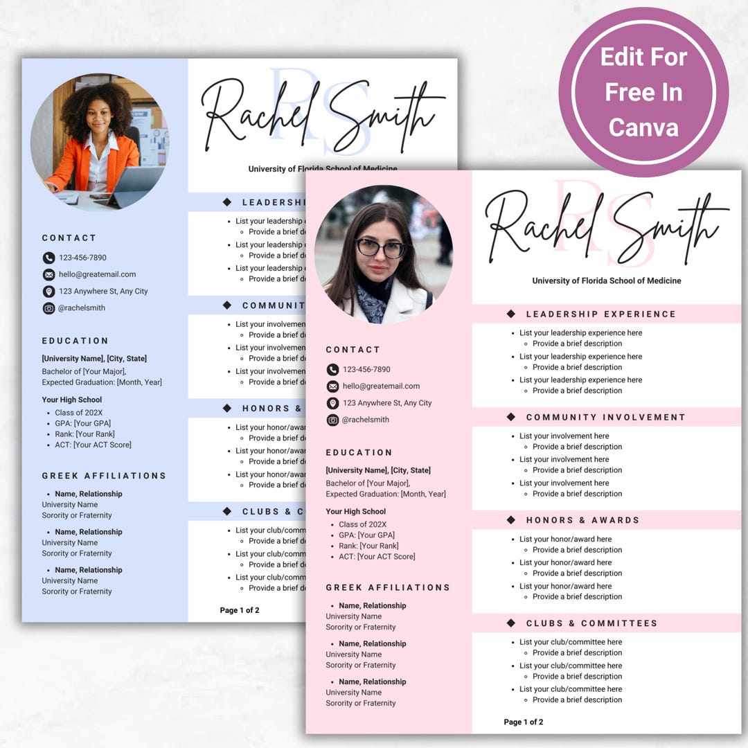 Editable Sorority Resume Template With Picture Frame, Resume Cover ...