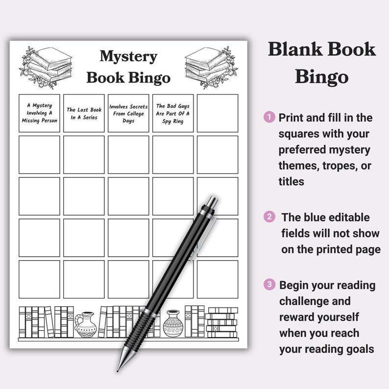 Mystery Book Challenge, Book Bingo Prompts for Adults, Reading ...
