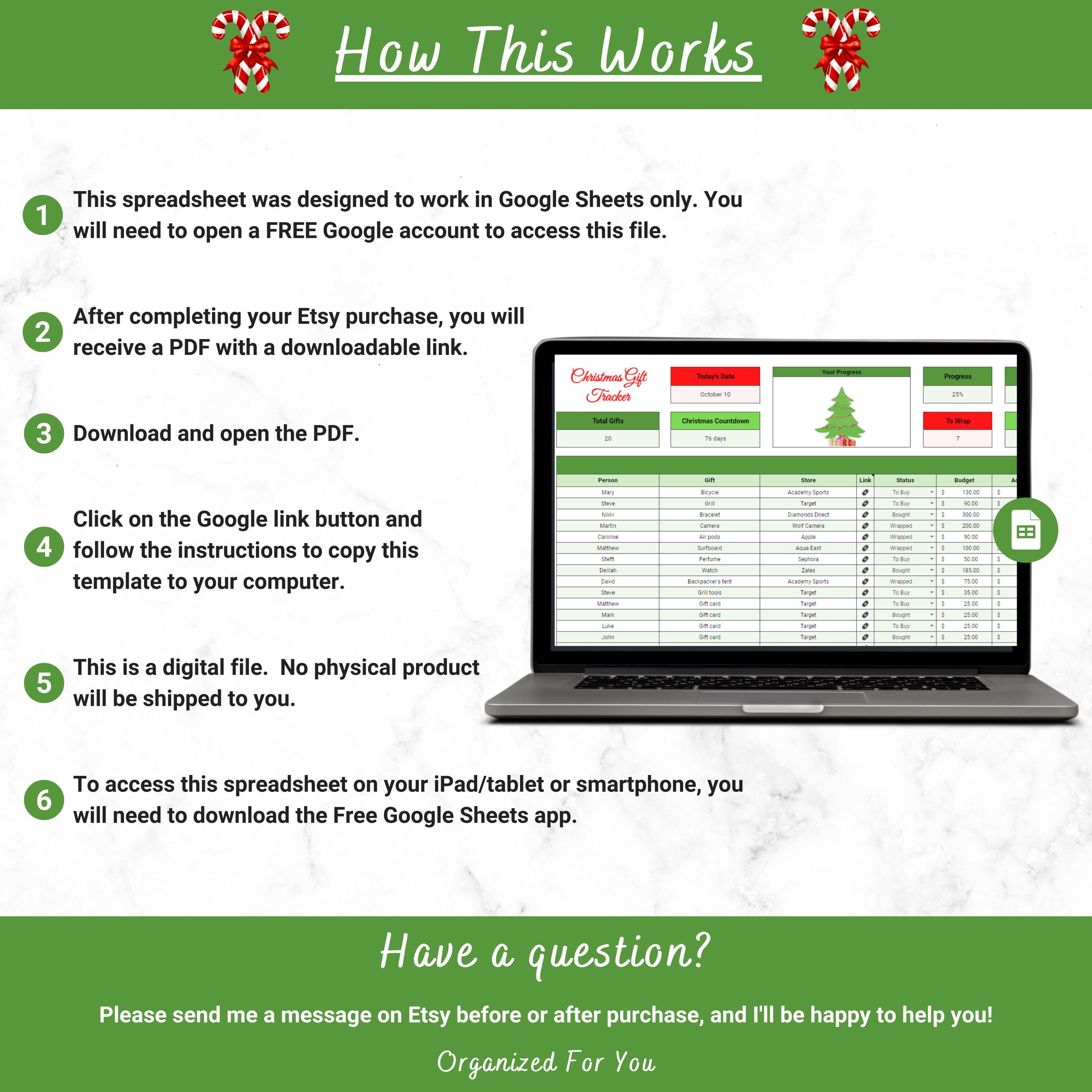 Christmas Gift List Planner, Google Sheets Editable Spreadsheet ...