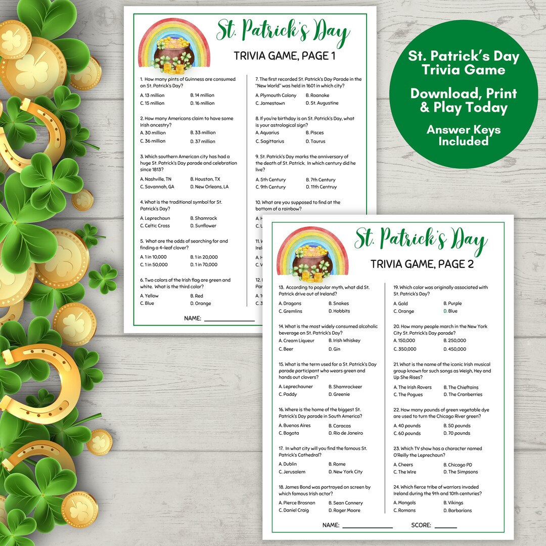 St. Patrick’s Day Printable Trivia Game, Office Party Games, Trivia ...