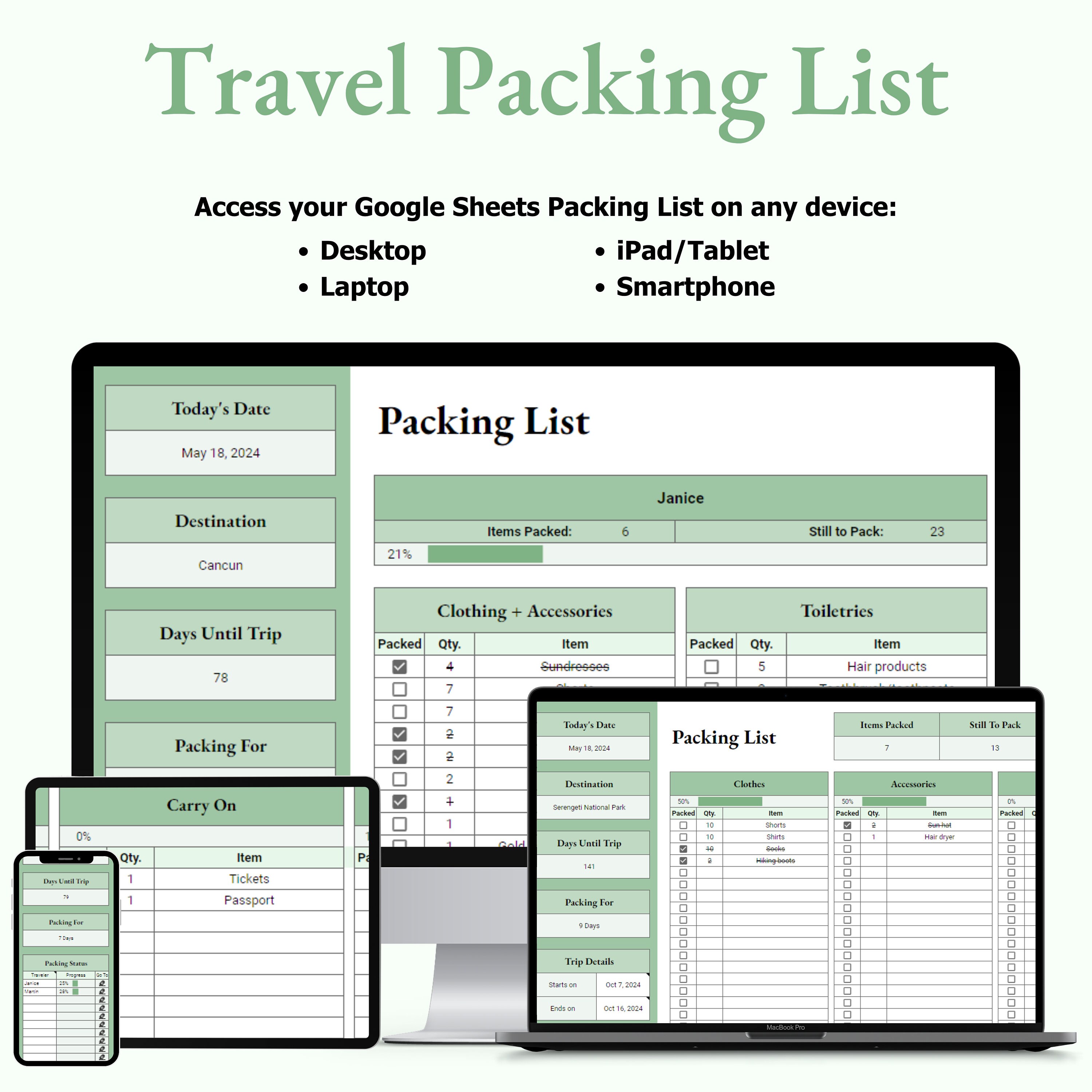 Travel Packing List, Google Sheets Spreadsheet, Digital Travel ...