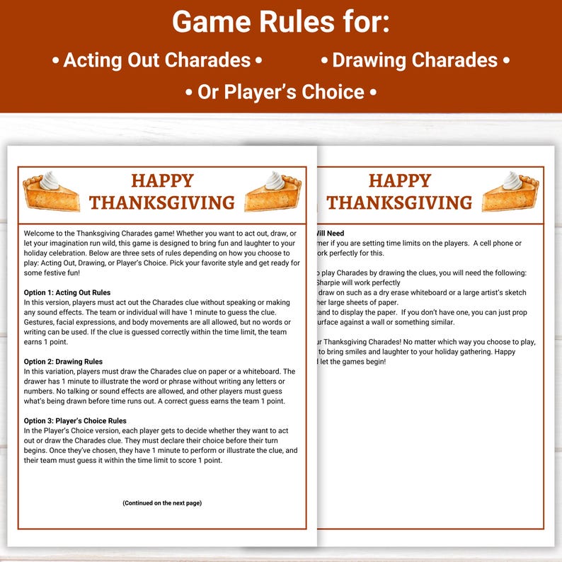 Thanksgiving Charades Party Game, Printable Charades Cards, Games for ...