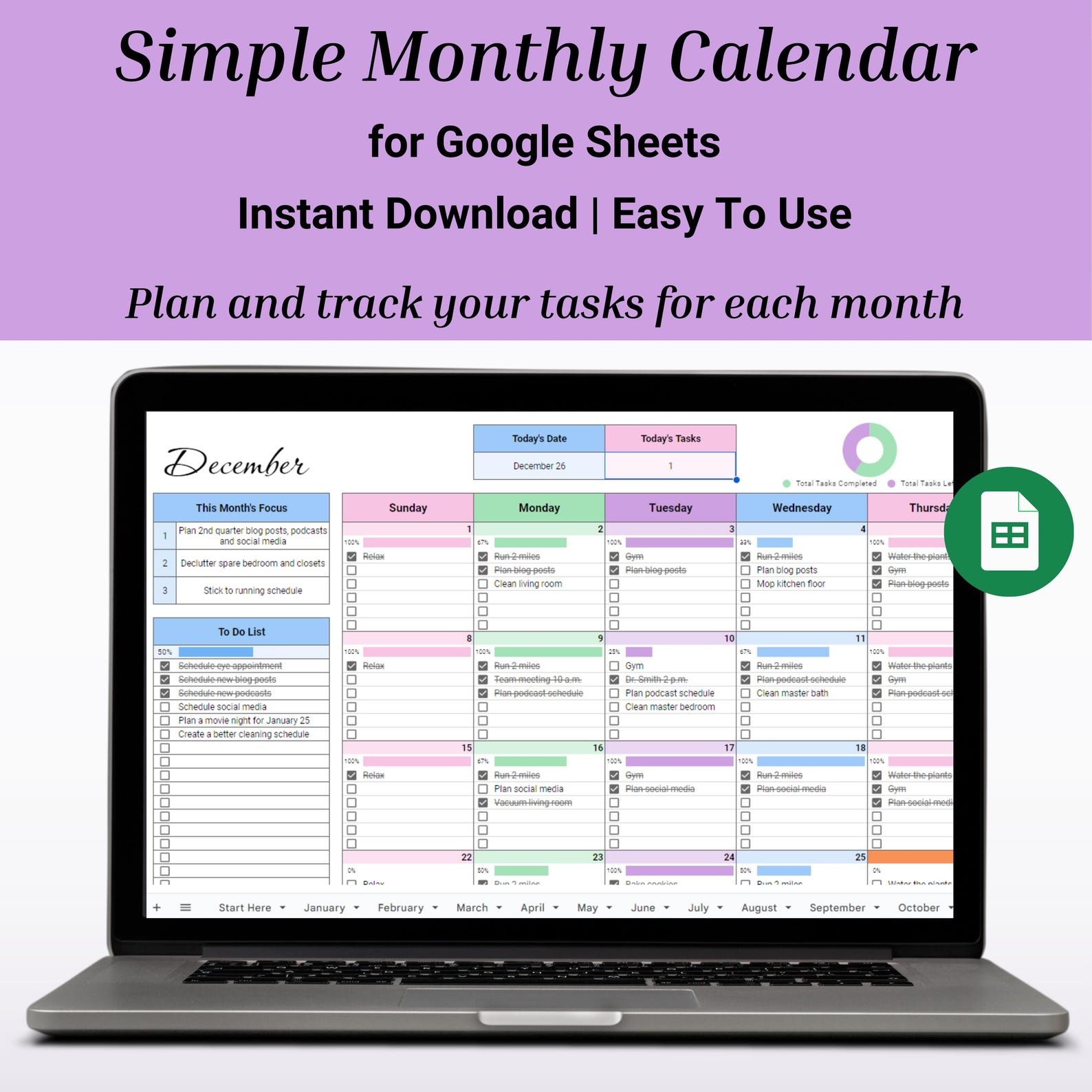 Monthly Calendar Checklist, Google Sheets Productivity Planner ...