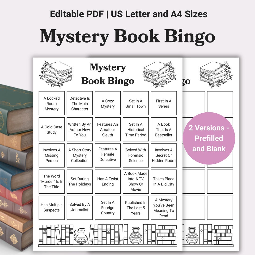 Mystery Book Challenge, Book Bingo Prompts for Adults, Reading ...