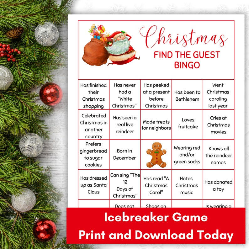 Christmas Find the Guest Bingo Game, Christmas Party Games, Printable ...