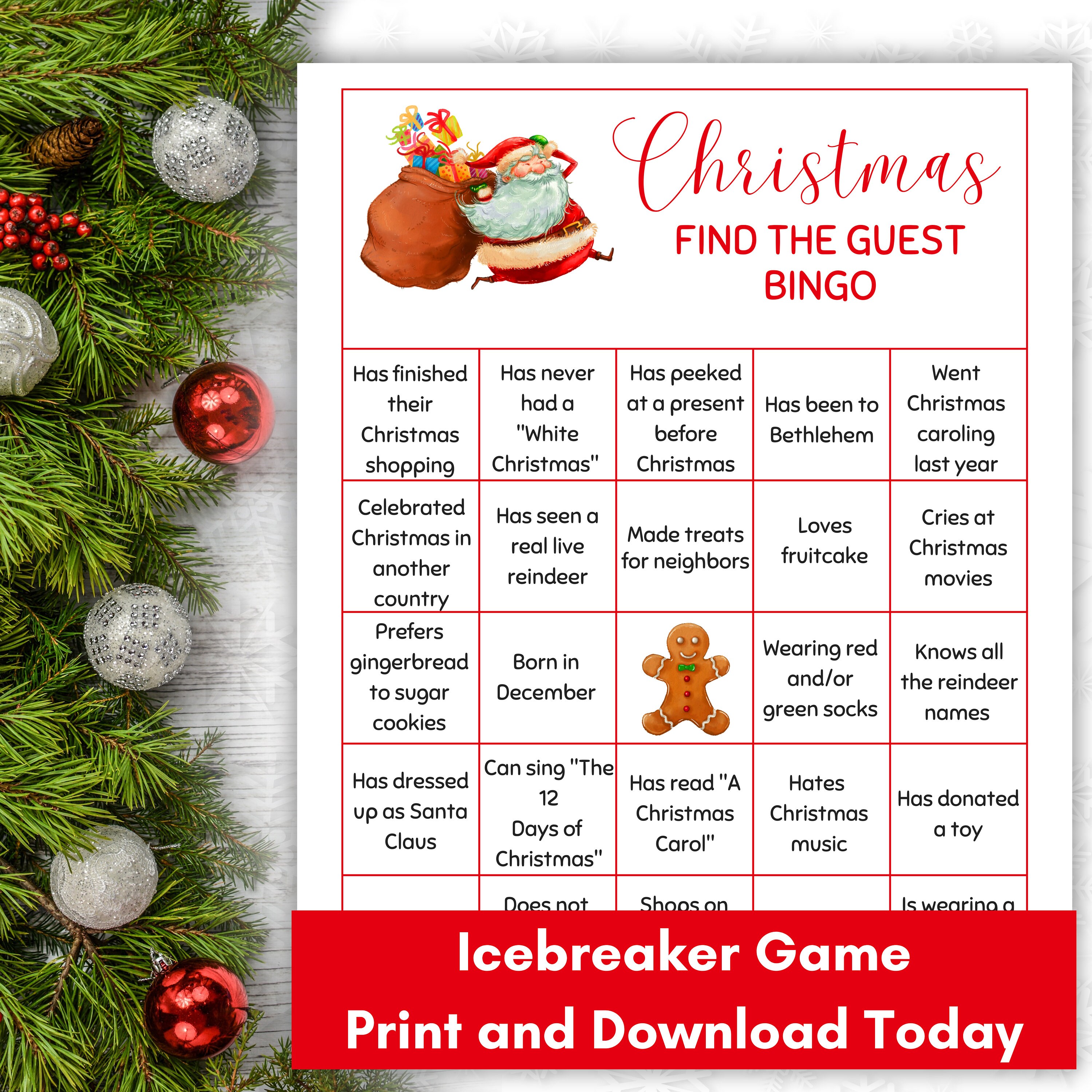 Christmas Find the Guest Bingo Game, Christmas Party Games, Printable ...